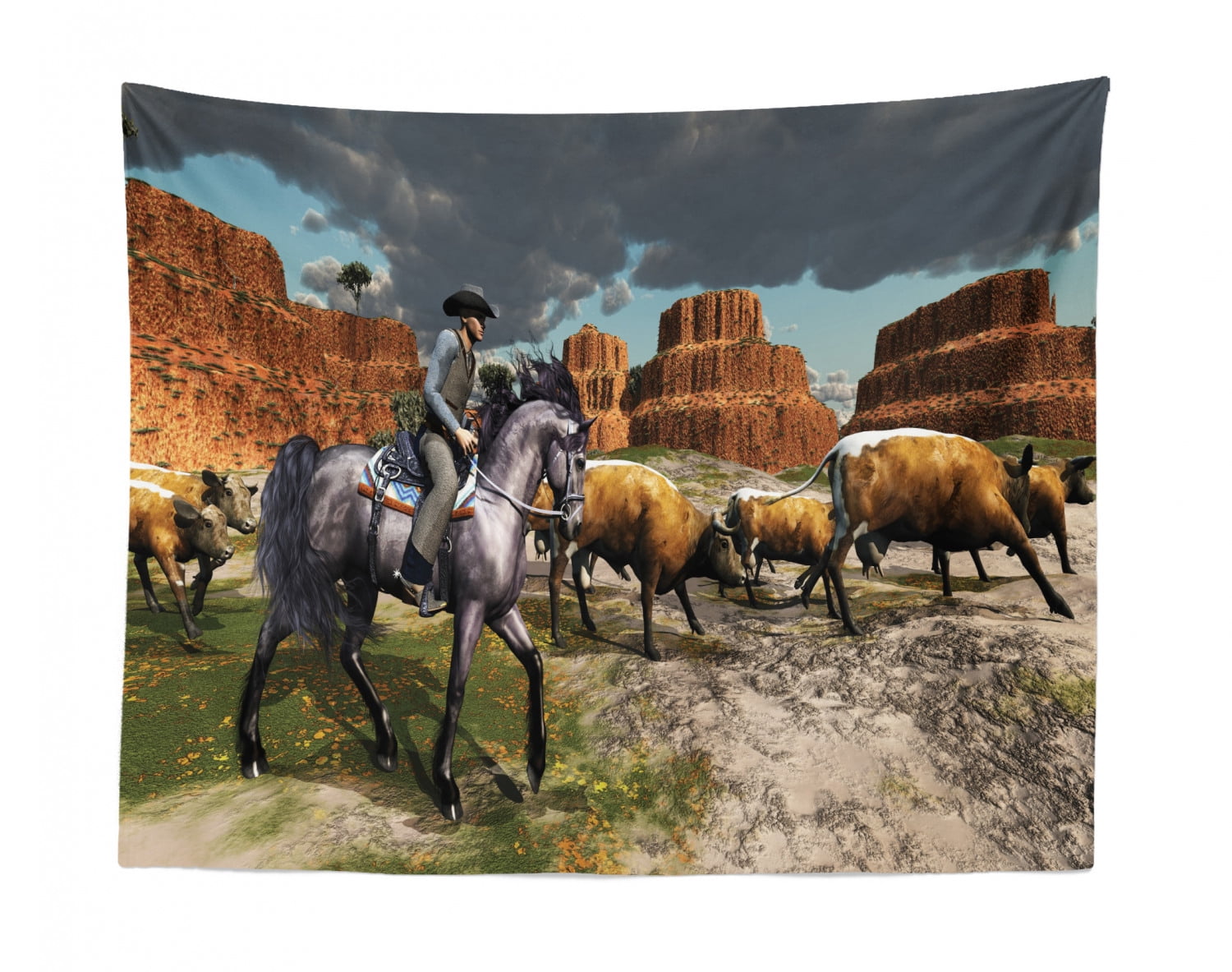 Western Horse Tapestry, Racing and Galloping Wild Stallions on Plain ...