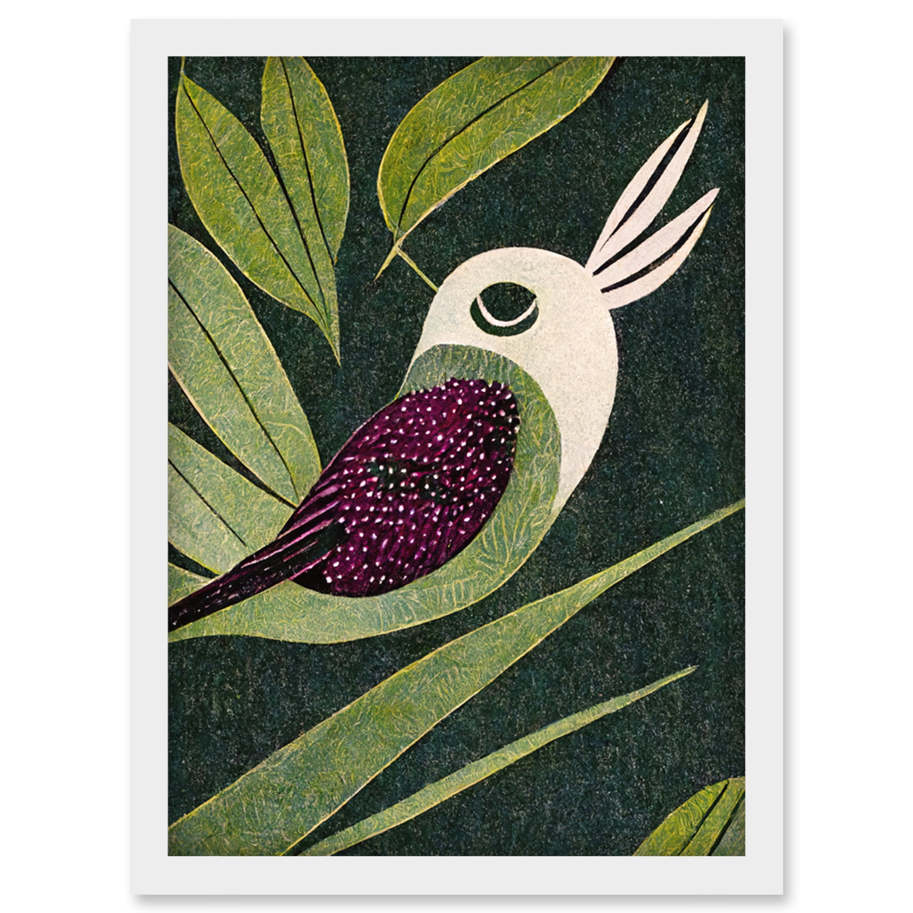 Vintage Linocut Illustration Small Bird With Plant Leaves Artwork ...