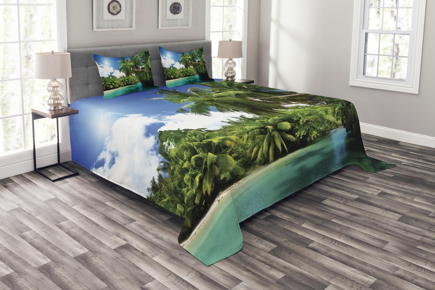 Jungle Bedspread Set King Size, Mahe Island Seychelles Lake and Palms ...