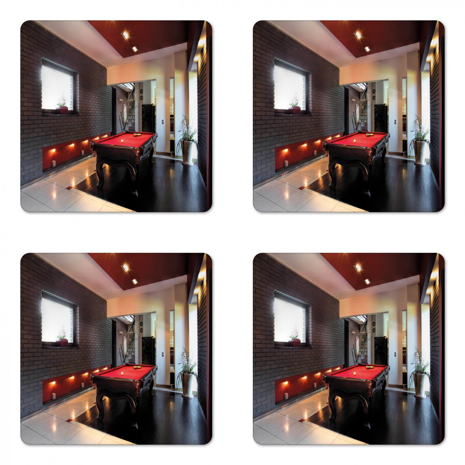 Modern Coaster Set of 4, House with Snooker Table Hobby Pool Game Flat ...