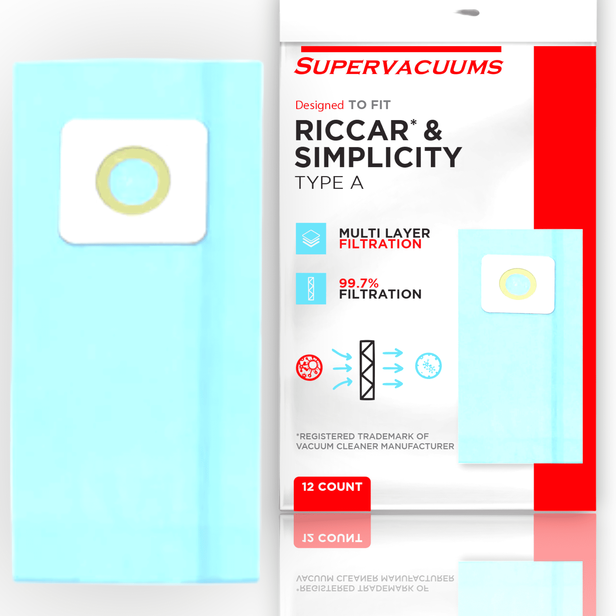 Supervacuums Paper Vacuum Bags for Riccar Type A Vacuum Cleaners - 12 ...