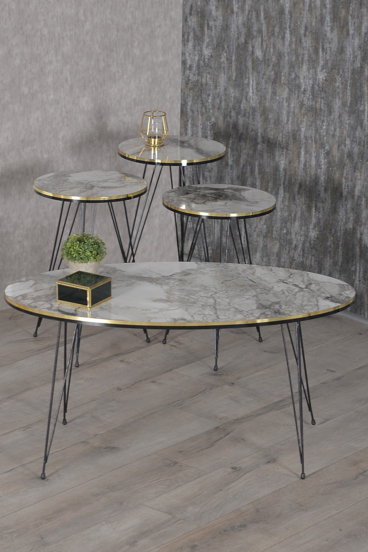 White Marble Oval Coffee Table Set with 4 PCS,Set With 3 Modern Round ...