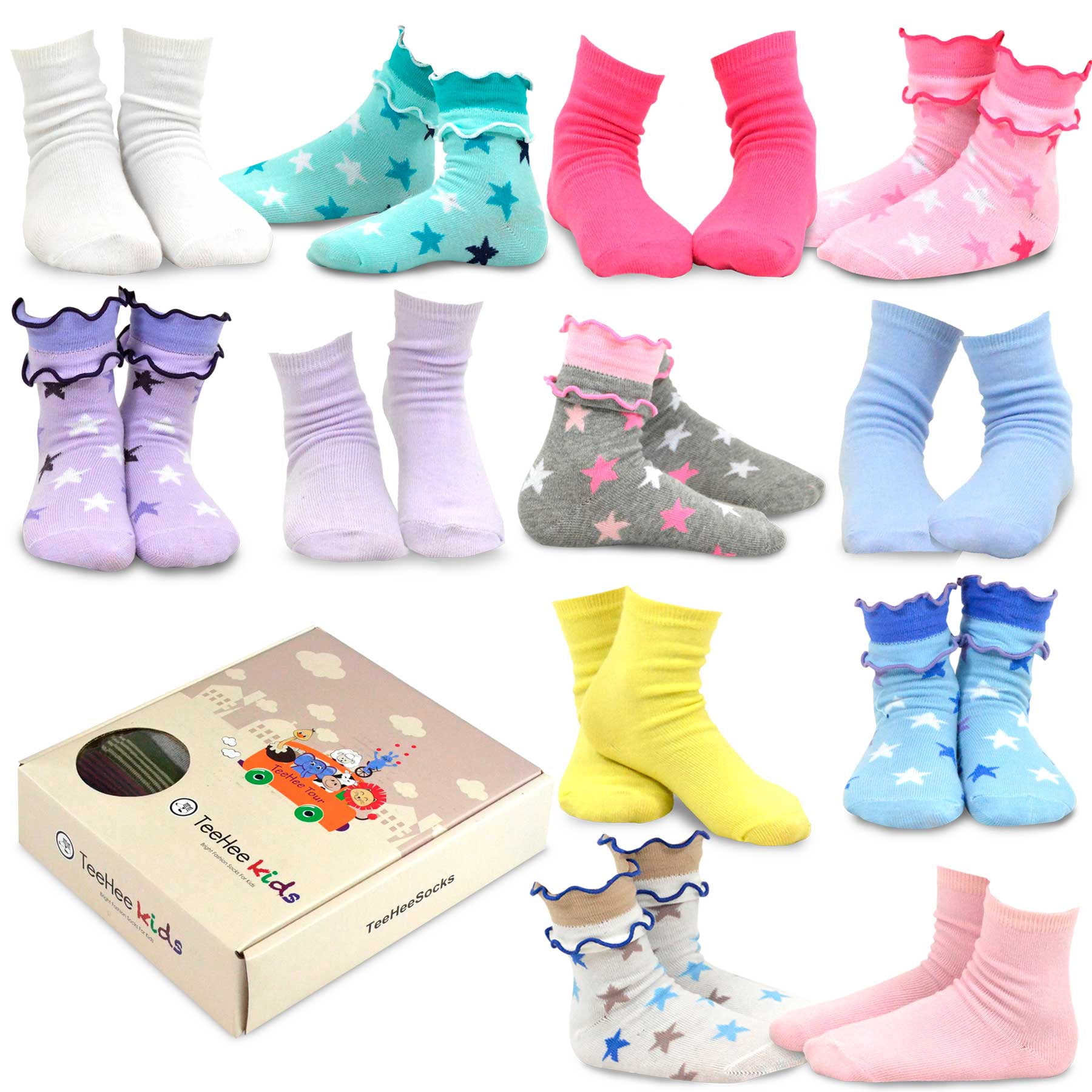 TeeHee Kids Girls Cotton Fashion Crew Socks 12 Pair Pack (3-5 Years ...