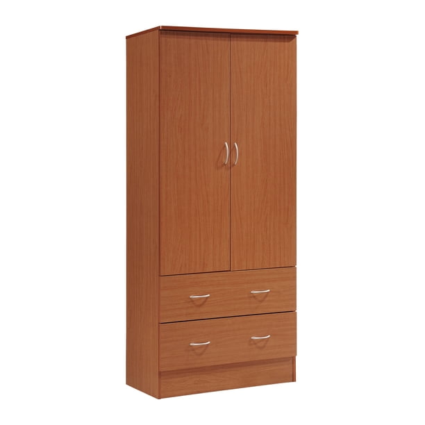 Hodedah Two Door Wardrobe with Two Drawers and Hanging Rod, Cherry ...