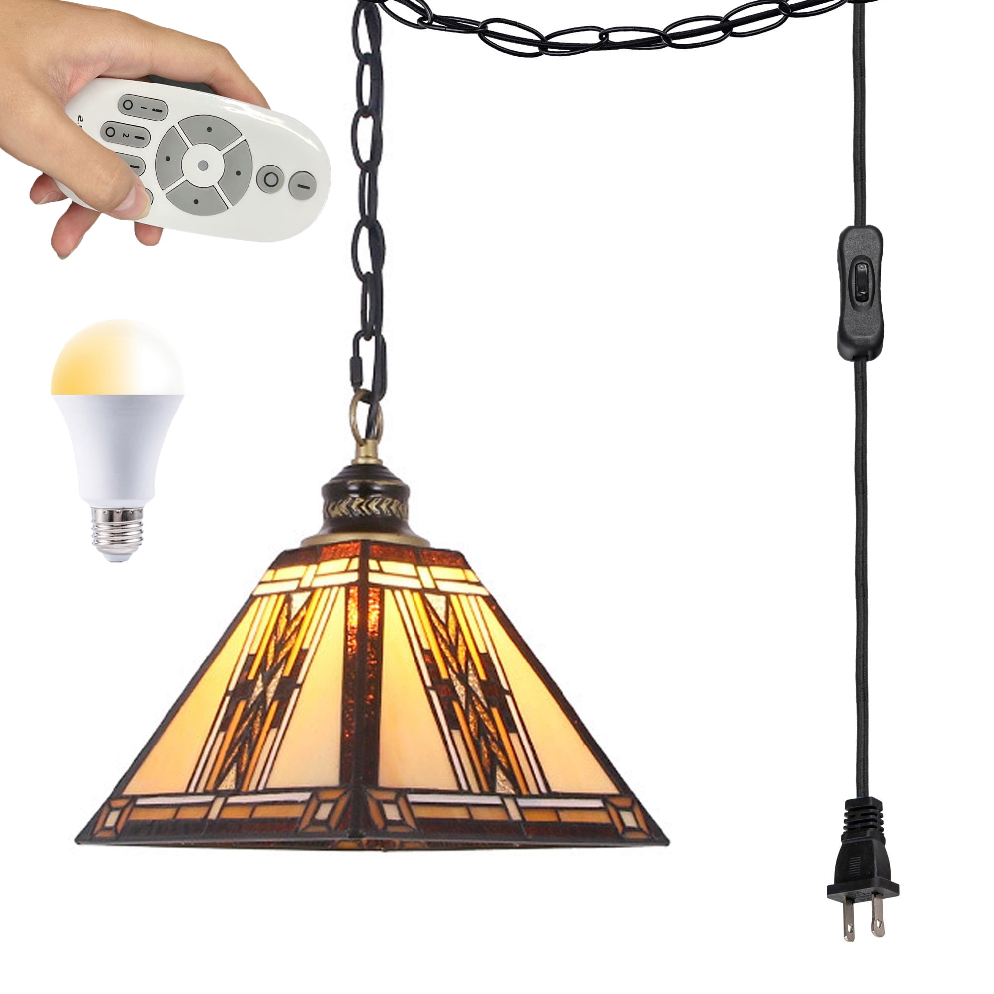 FSLiving Remote Control Hanging Swag Lamp Tiffany Yellow Pyramid Shape ...