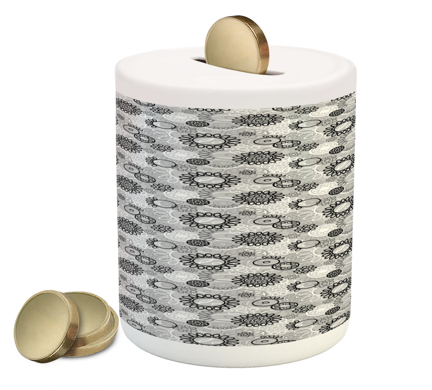 Black and Grey Piggy Bank, Doodle Style Blooming Flowers Greyscale ...