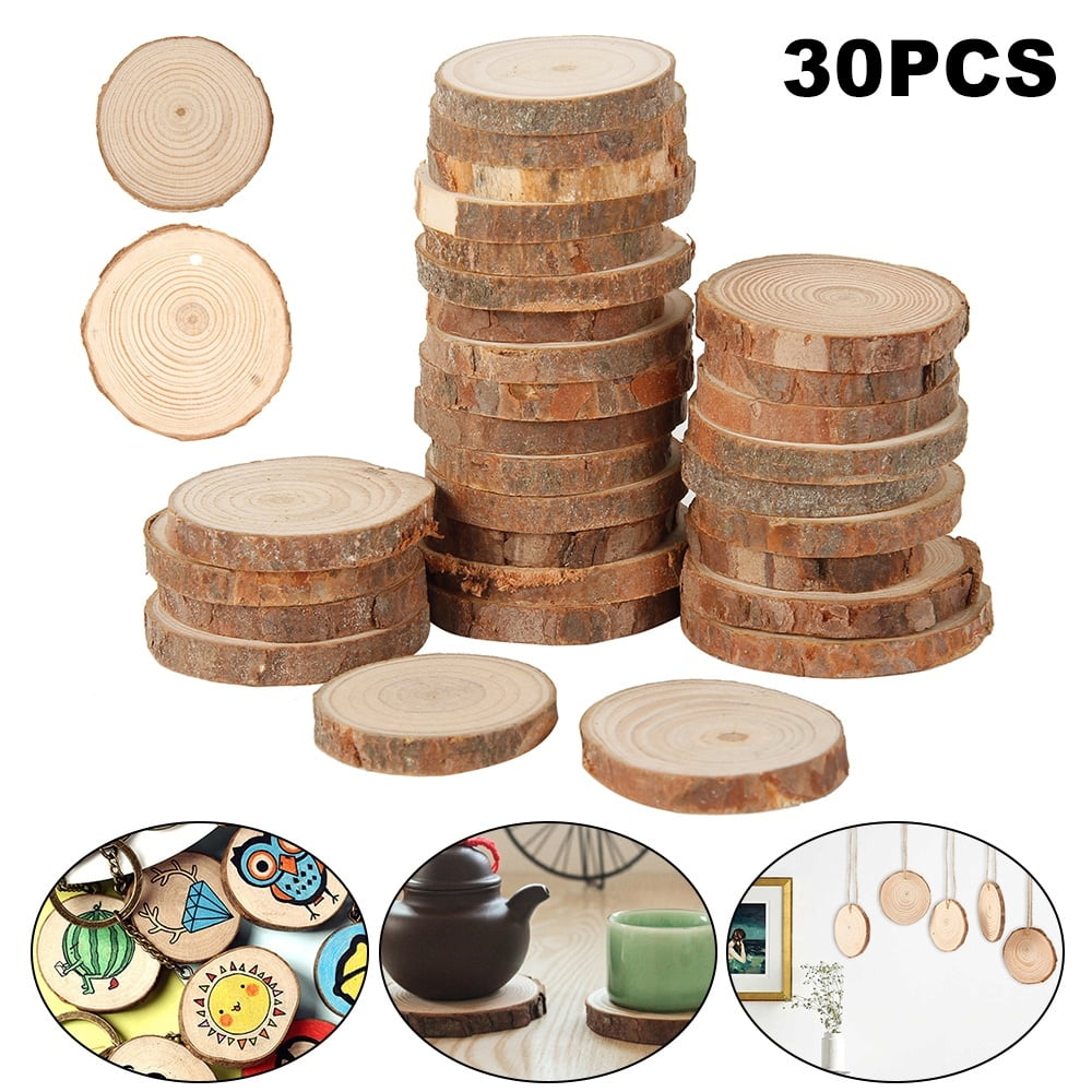 30PCS Unfinished Natural Round Wood Slices Circles with Tree Bark Log ...