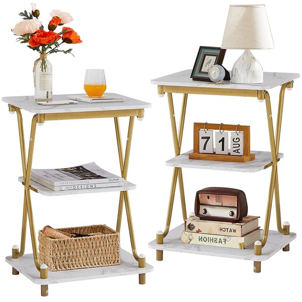 VECELO Set of 2 Bedside/End Table with Storage Shelf, 3-Tier Modern X ...