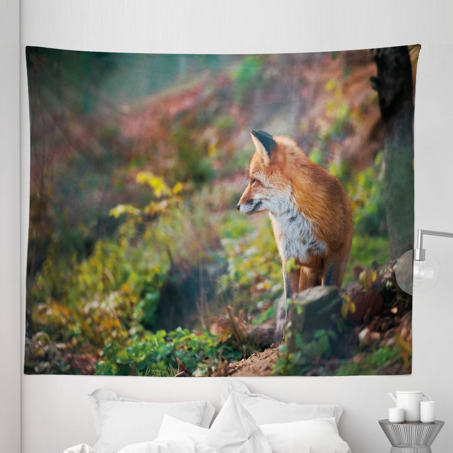 Fox Tapestry, Young Red Fox Listening to Something in Woodland Forest ...