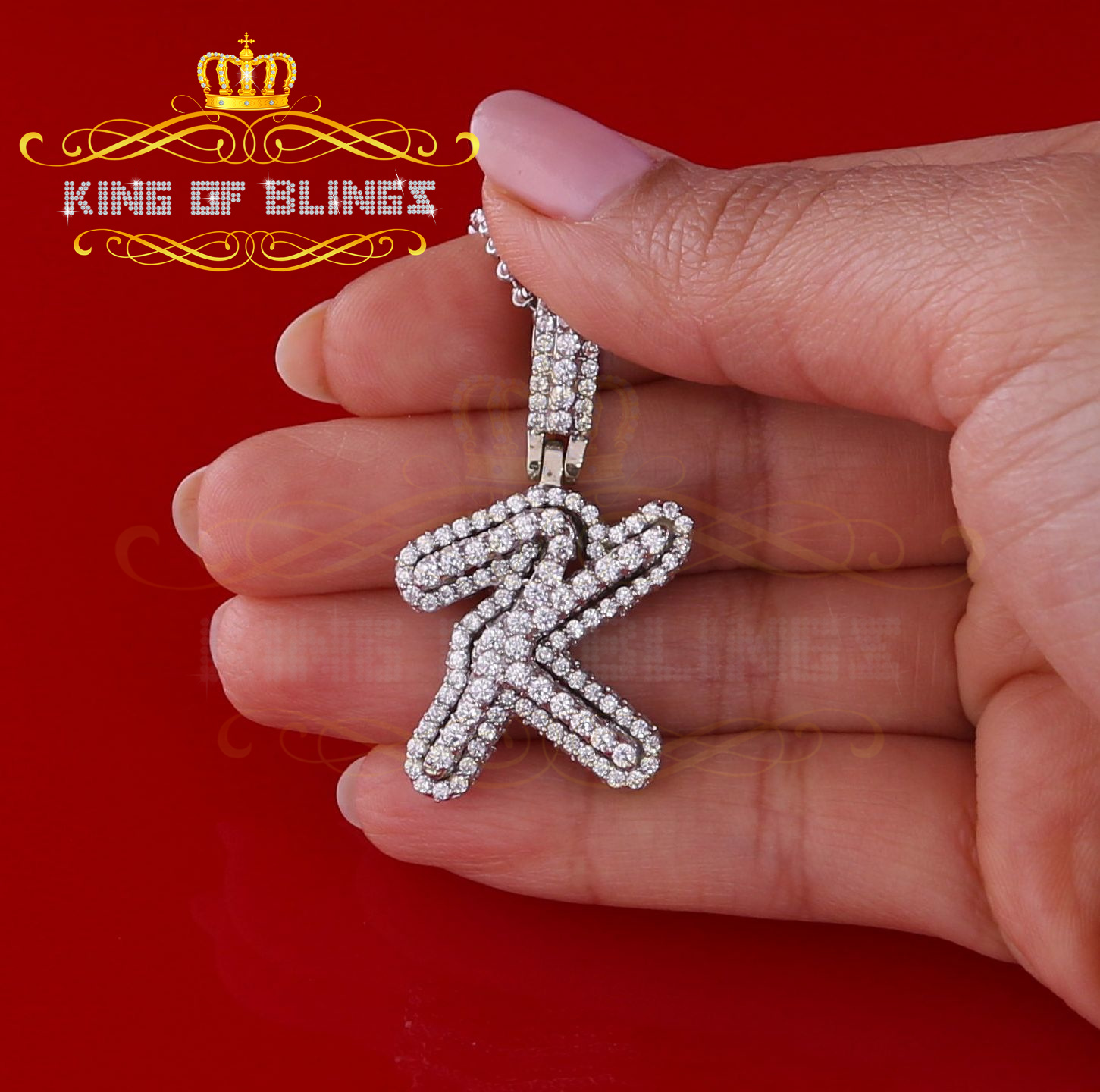 King OF Bling's White 925 Silver 6.35ct CZ 3D letter Cursive Initial 'K ...