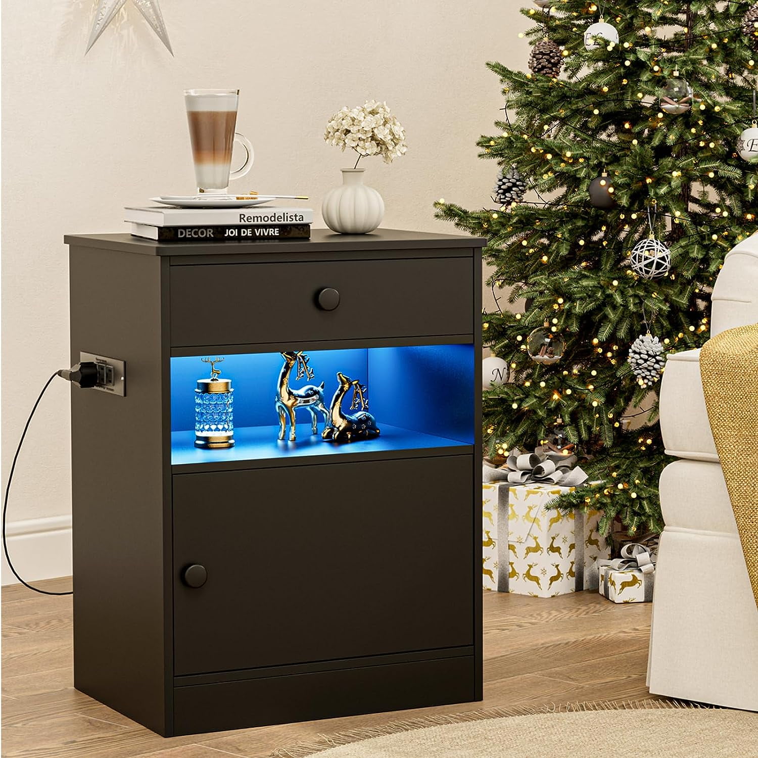 IKIFLY LED Nightstand with Charging Station, Industrial LED End Table ...