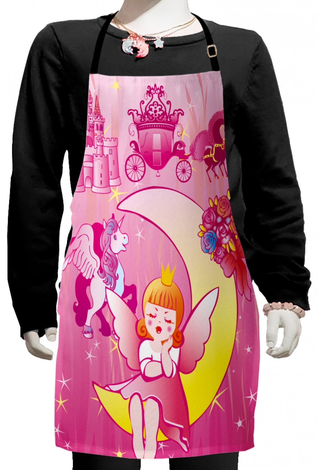 Pink Kids Apron, Girl with Wings Sitting on the Moon Unicorn Castlend ...