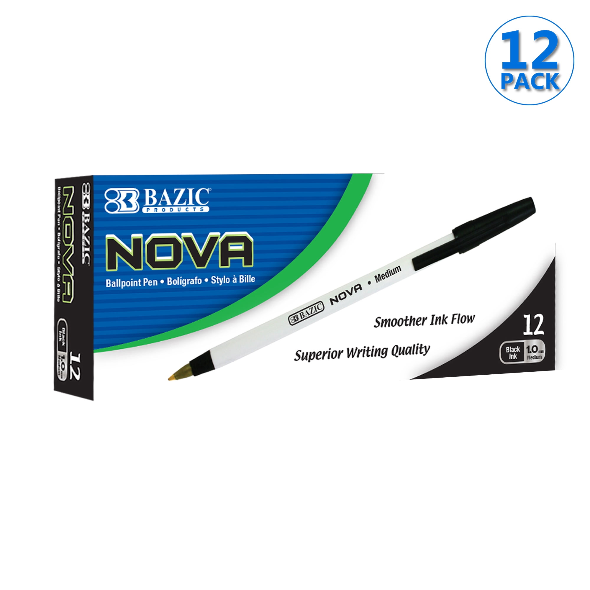 BAZIC Ballpoint Pen Nova Black Color Stick Pens, 1.0 mm, (12/Pack), 12 ...