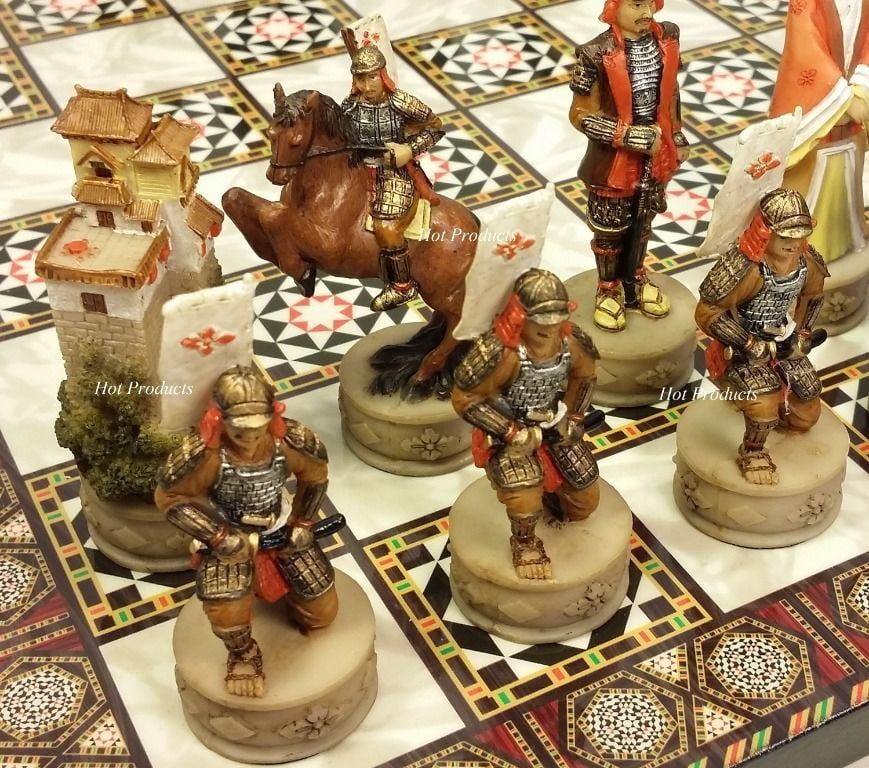 JAPANESE SAMURAI WARRIOR CHESS SET with 14" Mosaic Color Board Oriental ...