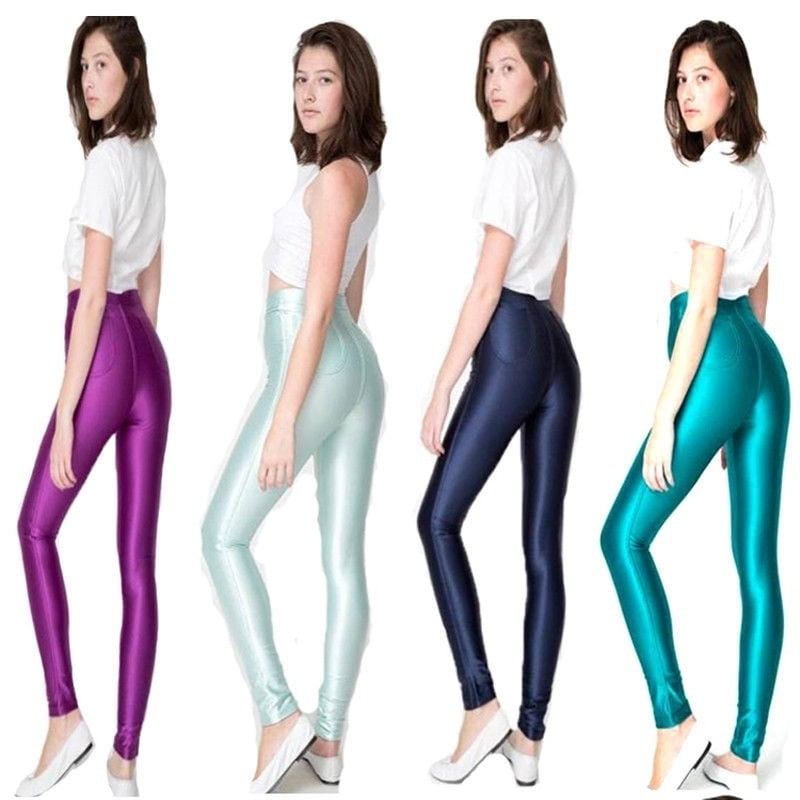 Womens High Waisted Footless Leggings Tights Shiny Disco Pants Candy ...