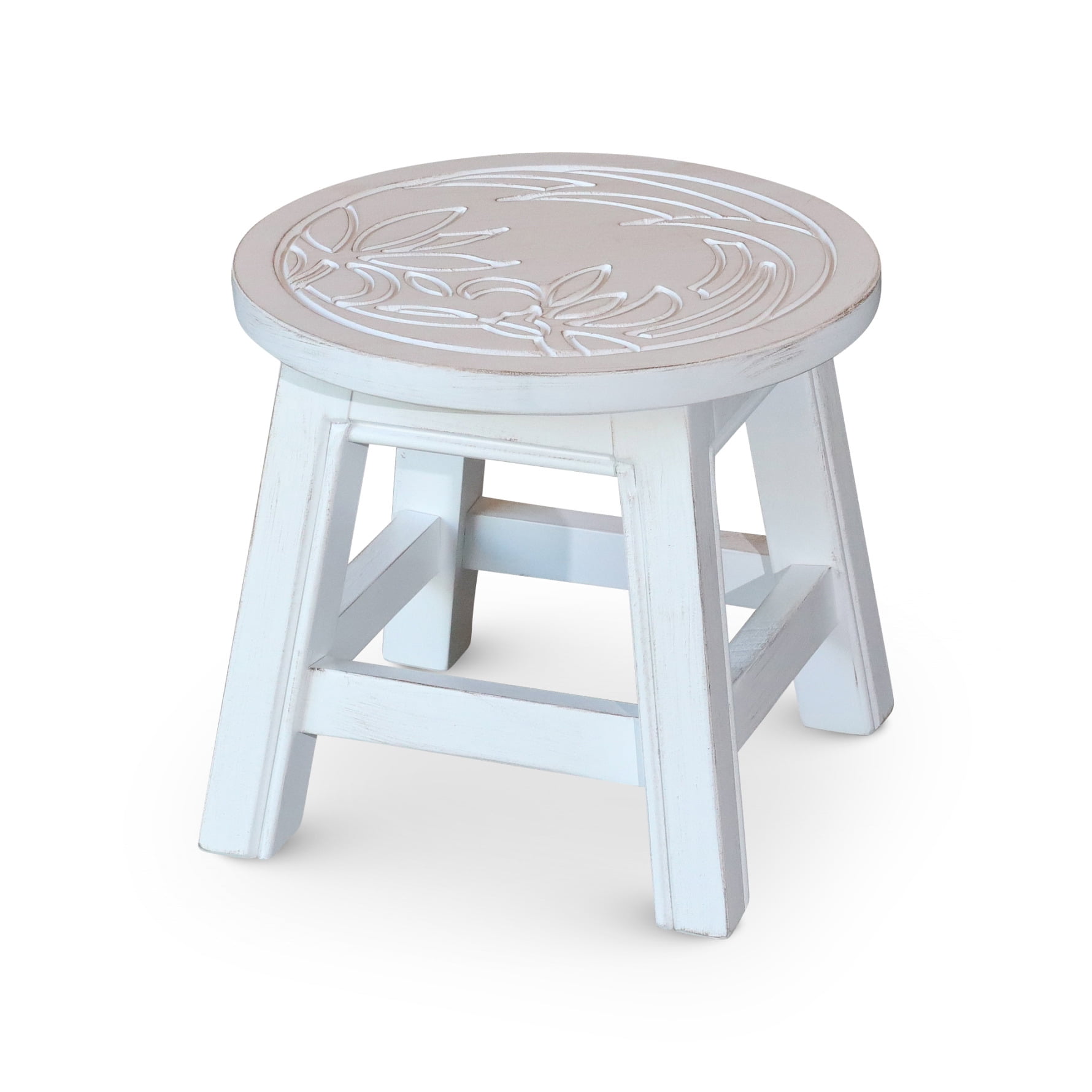 Carved Wooden Step Stool with Floral, Small Round Bedside Stool for ...