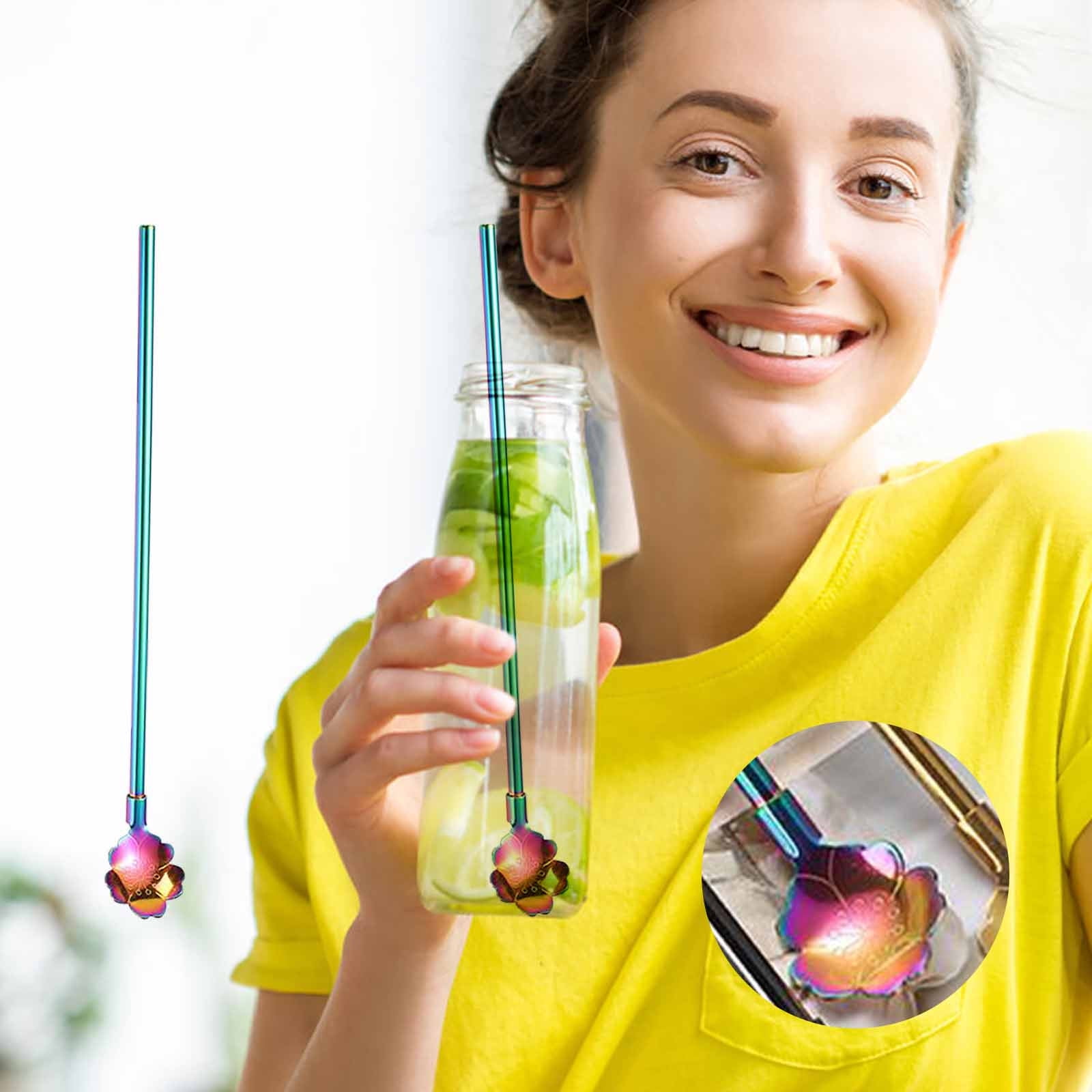 Dengmore Stainless Steel Straw Spoon Flower Straw Set Milk Tea Drink ...