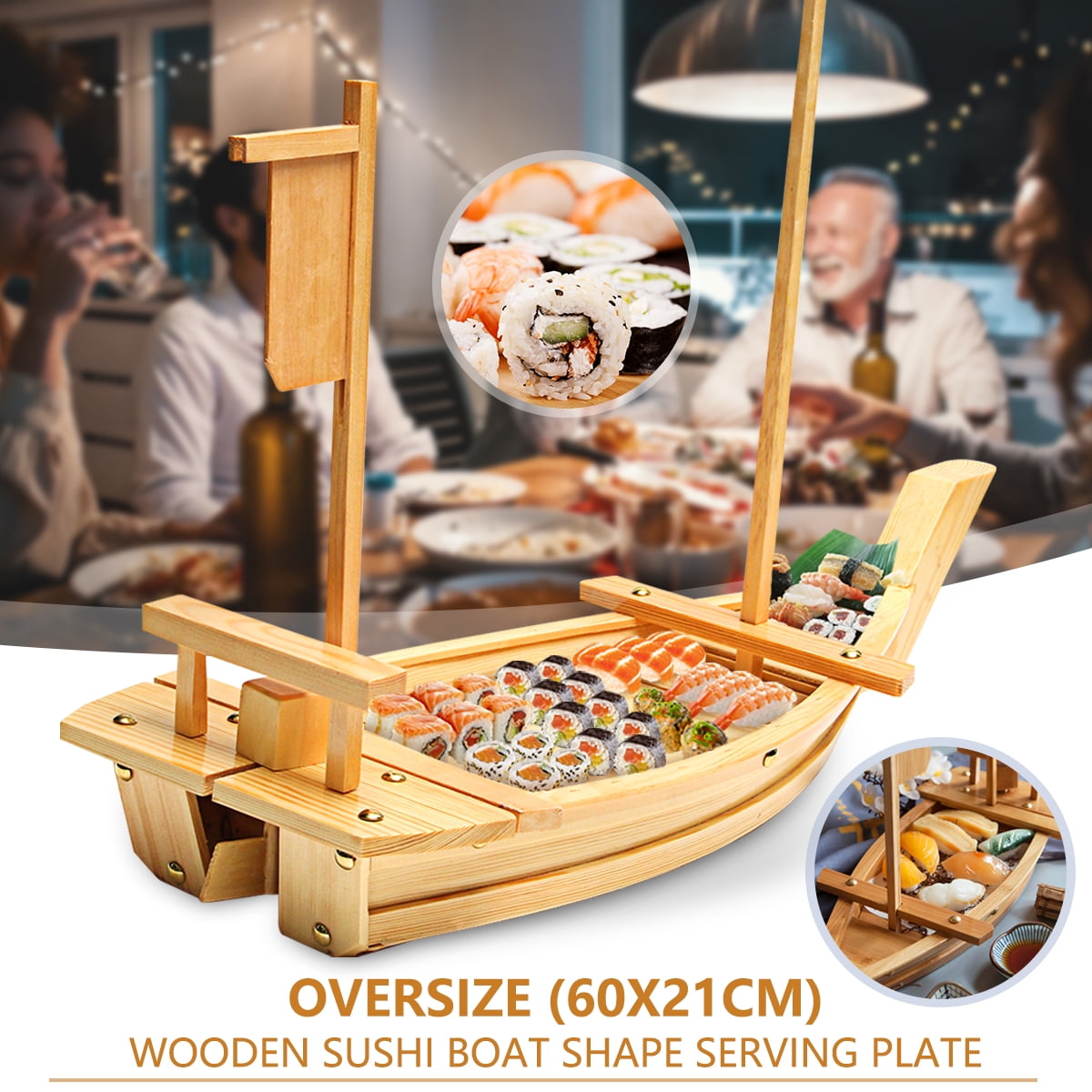 Large Wooden Sushi Boat Serving Plate Tray Sashimi Serving Tray 23.6” X ...