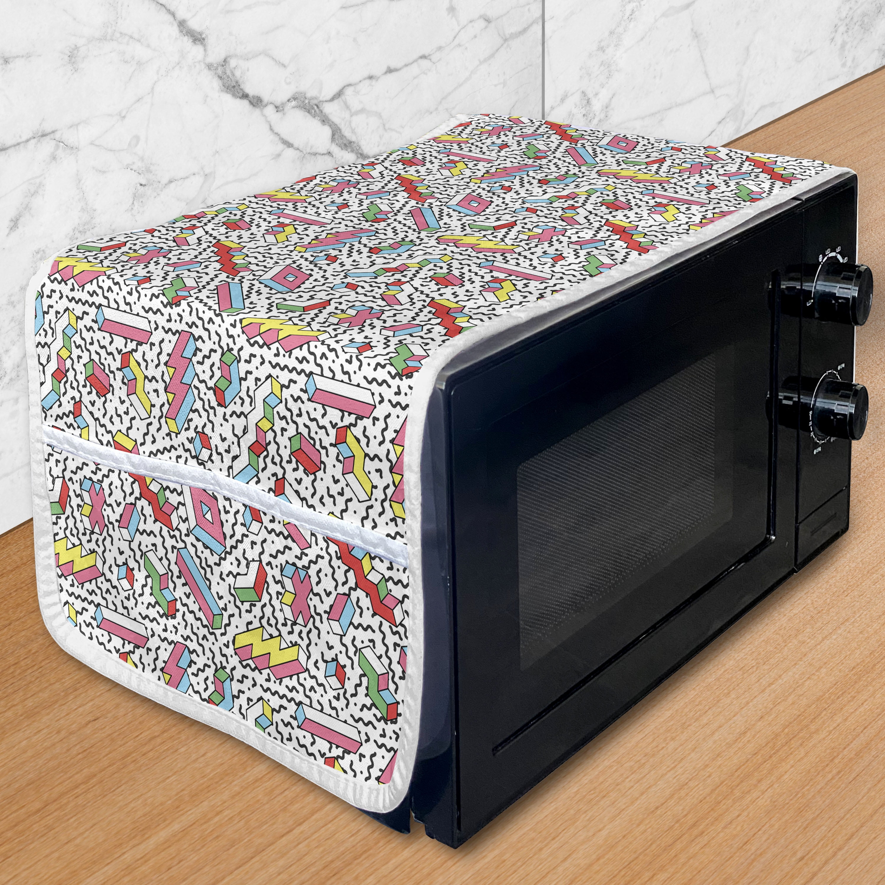 Funky Microwave Oven Cover, Memphis Pattern with Mosaic 3D Shapes ...