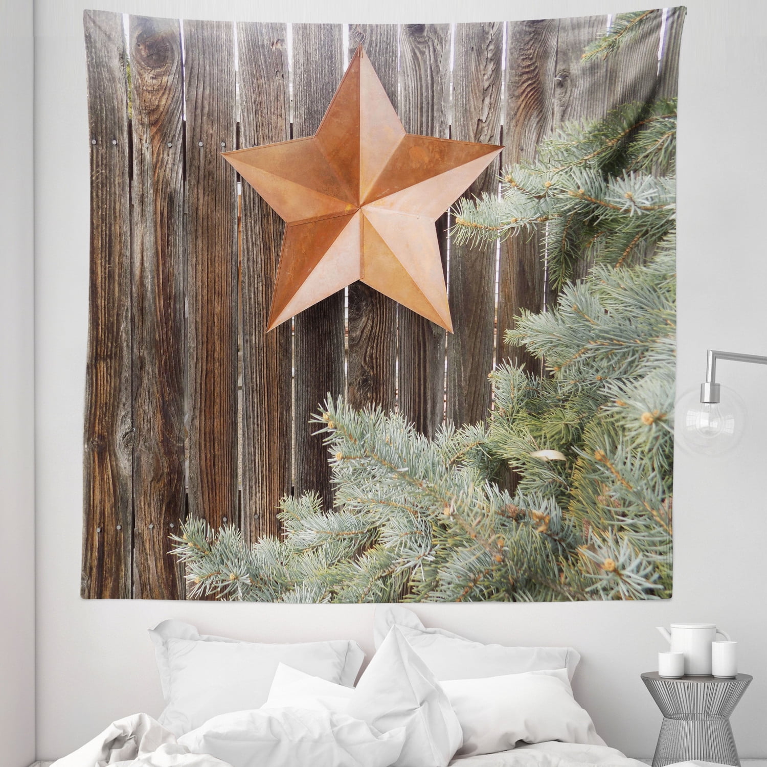 Prehistoric Country Tapestry, Big Orange Star on Rough Wood Fences Pine ...