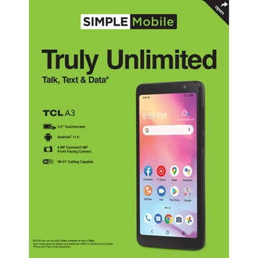 Simple Mobile TCL A3 Cell Phone, 32GB, Prime Black - Prepaid Smartphone ...
