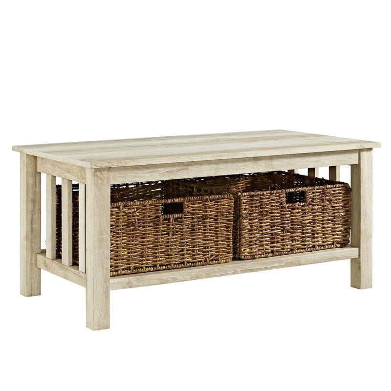 Pemberly Row 40" Wood Storage Coffee Table with Totes in White Oak ...