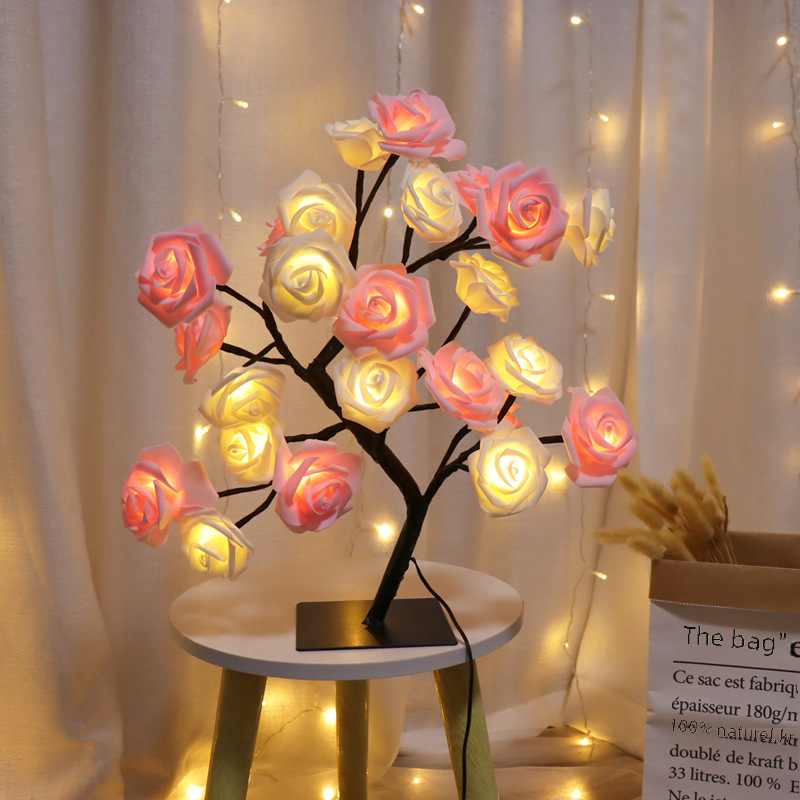 Luz LED de simulación de árbol de rosas con 24 luces, interruptor USB ...
