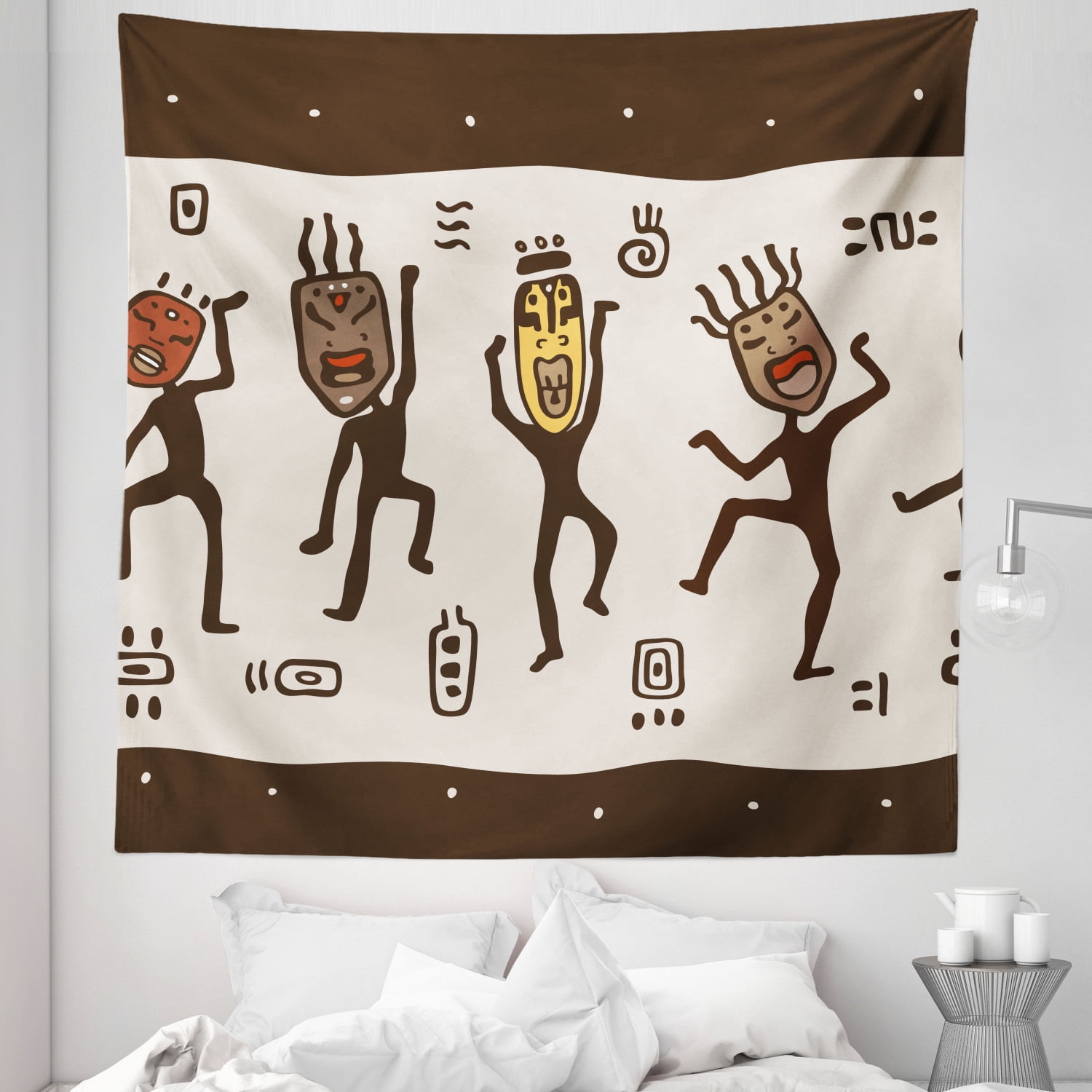 Tribe Tapestry, Cartoon Dancing Natives Wearing Tribal Print, Fabric ...