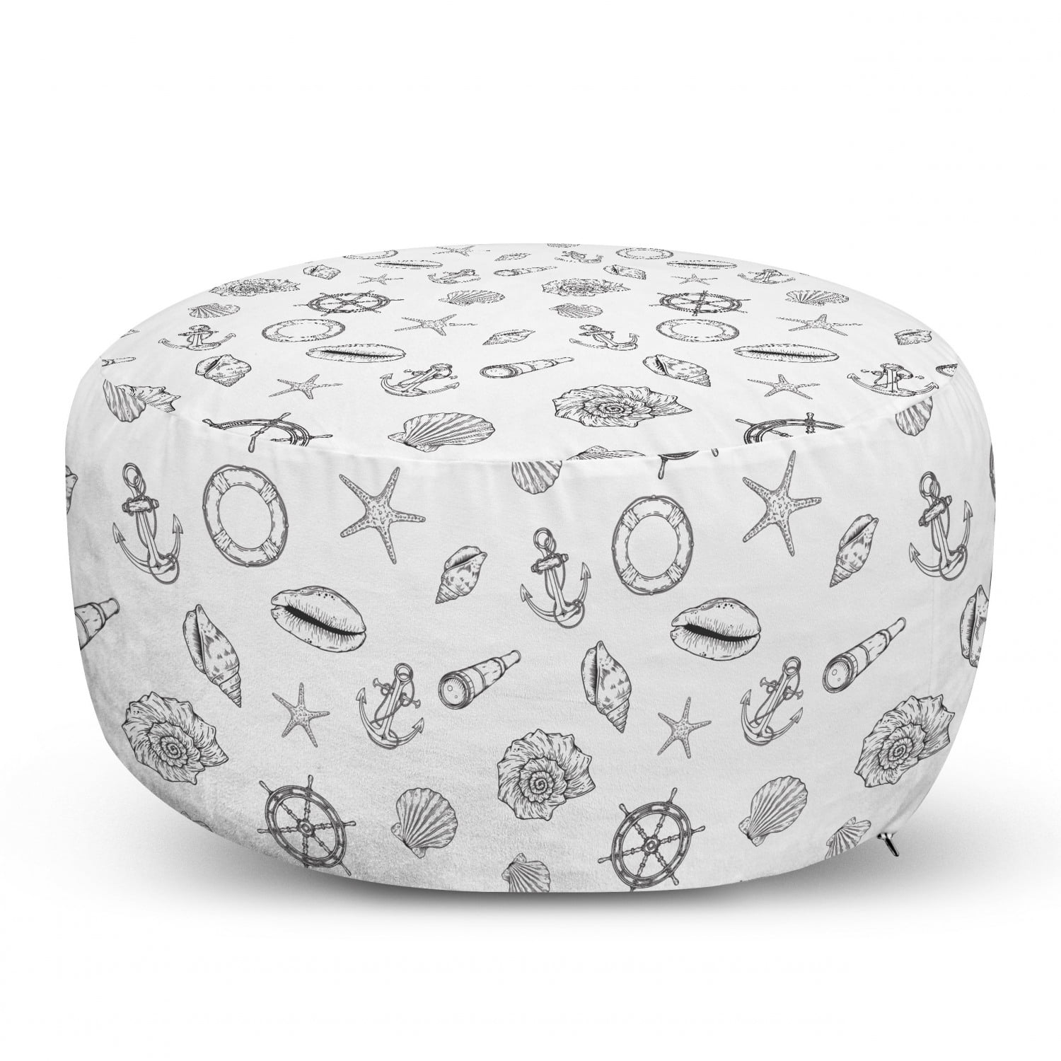 Sea Shells Pouf Cover with Zipper, Hand Drawn Monochrome Nautical ...