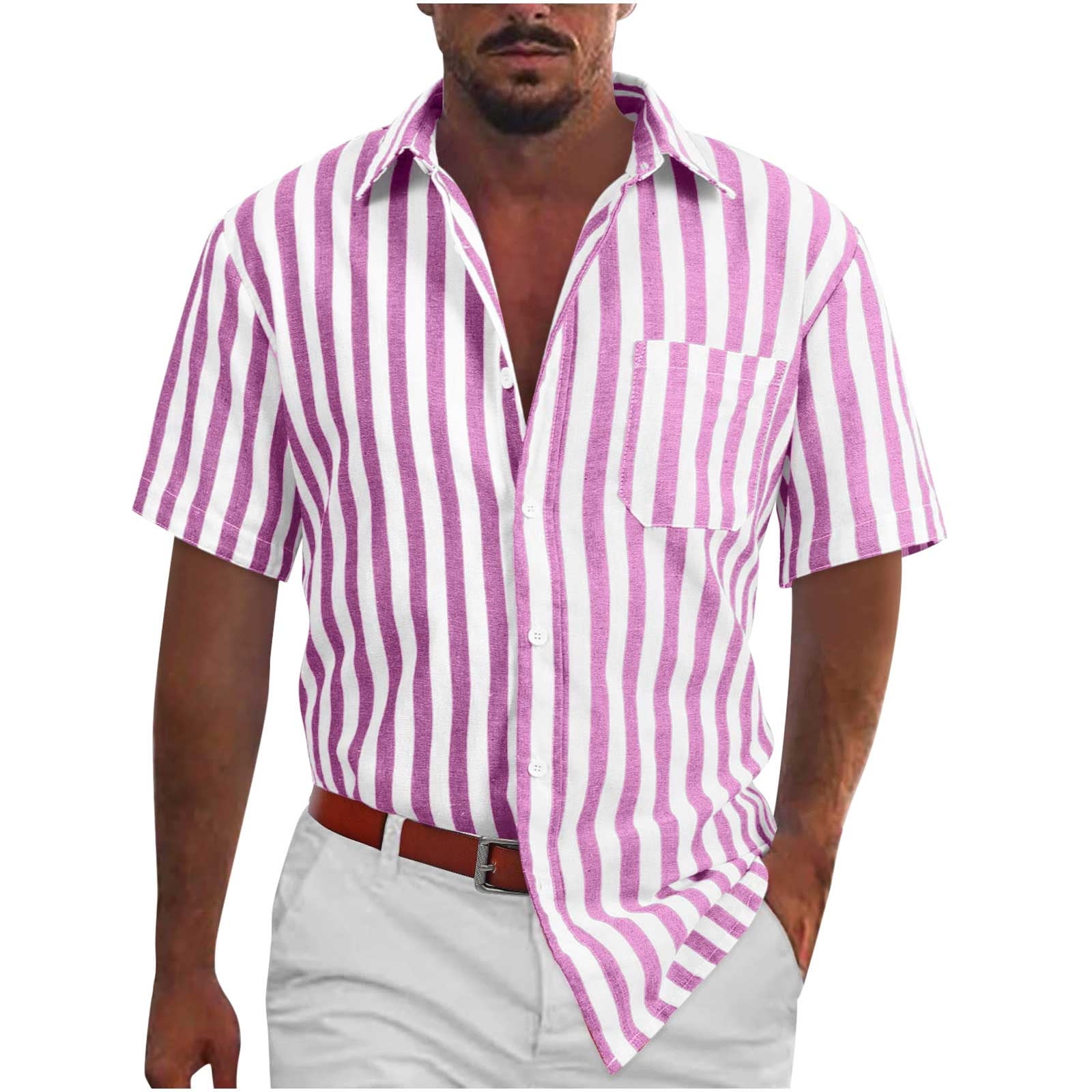 Men's Casual Short Sleeve Button Down Striped Shirt Regular Fit Beach ...