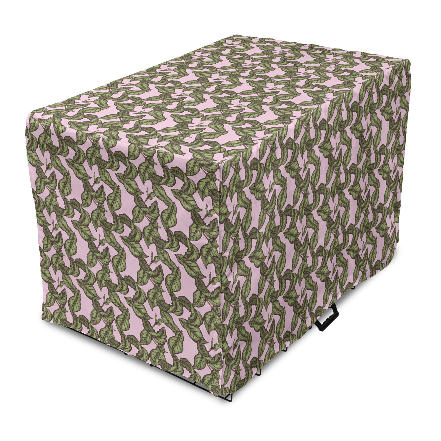Nature Art Dog Crate Cover, Hand Drawn Falling Green Leaves Pattern in ...