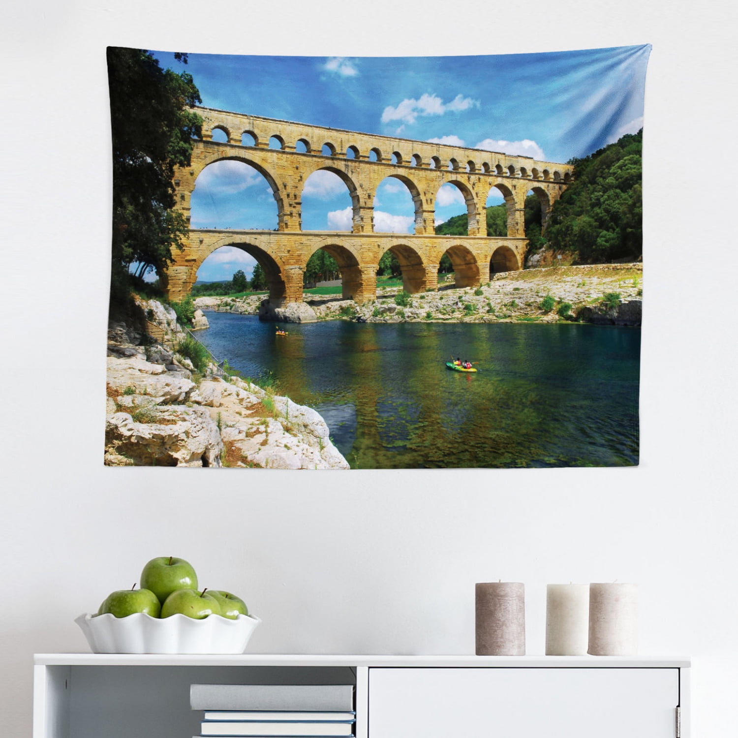 Landscape Tapestry, Bridge and Old Boat on Riverside Distressed Paint ...