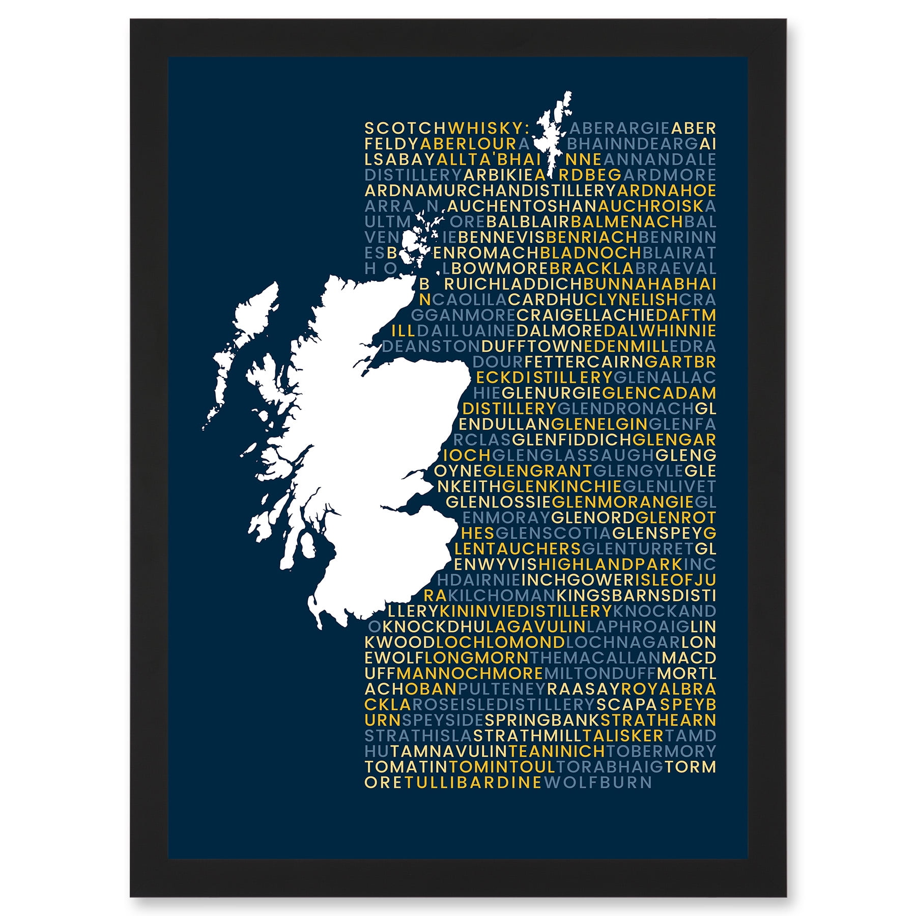 Scotch Whisky Distilleries Typography Map Artwork Framed Wall Art Print ...