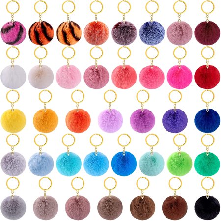 38 Pieces Pom Pom Keychains Fluffy Faux Rabbit Fur Keyirings Puff ...