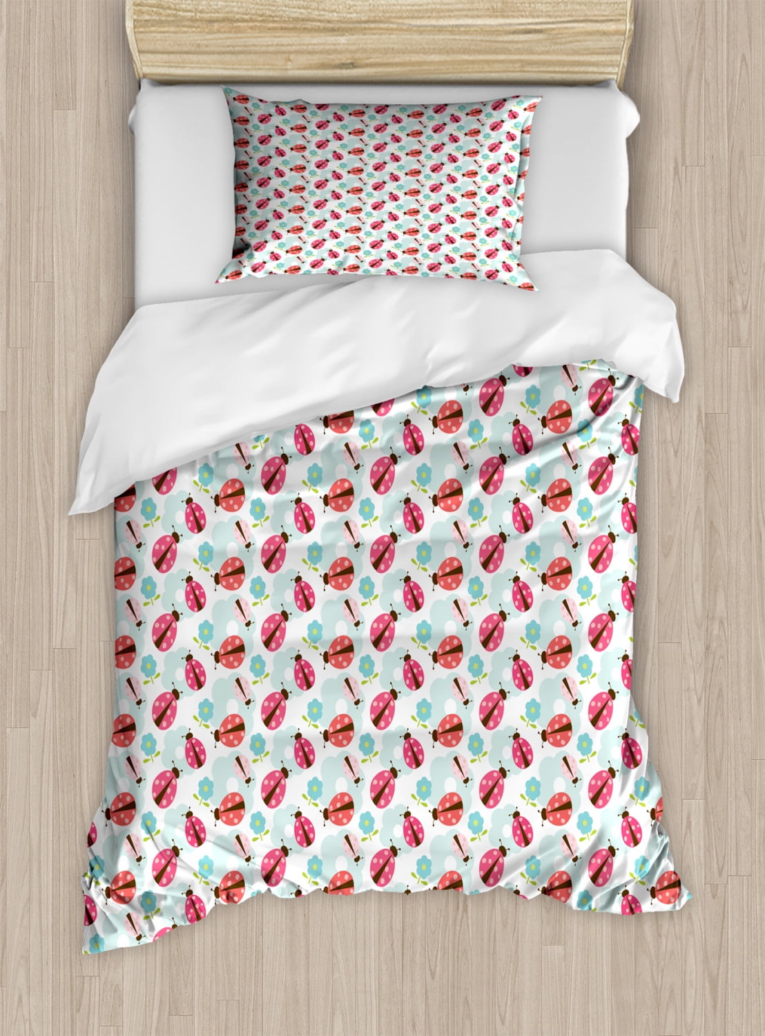 Ladybugs Twin Size Duvet Cover Set, Cartoon Woodland Bugs Pattern with ...