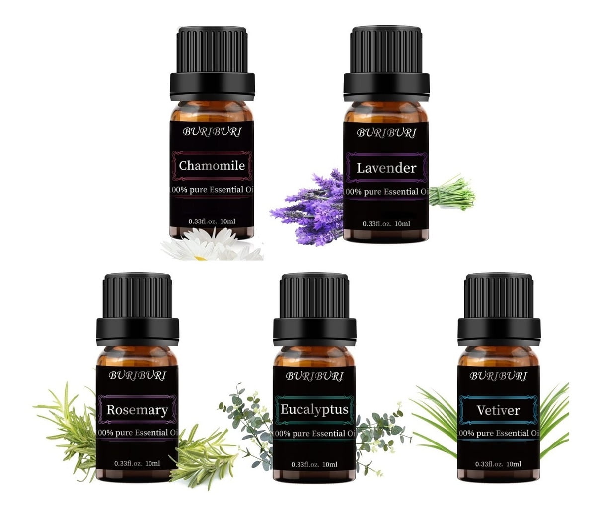 BuriBuri Essential Oil 100% Pure Lavender, Chamomile, Rosemary, Eucalyptus, Vetiver Set 10ml ...