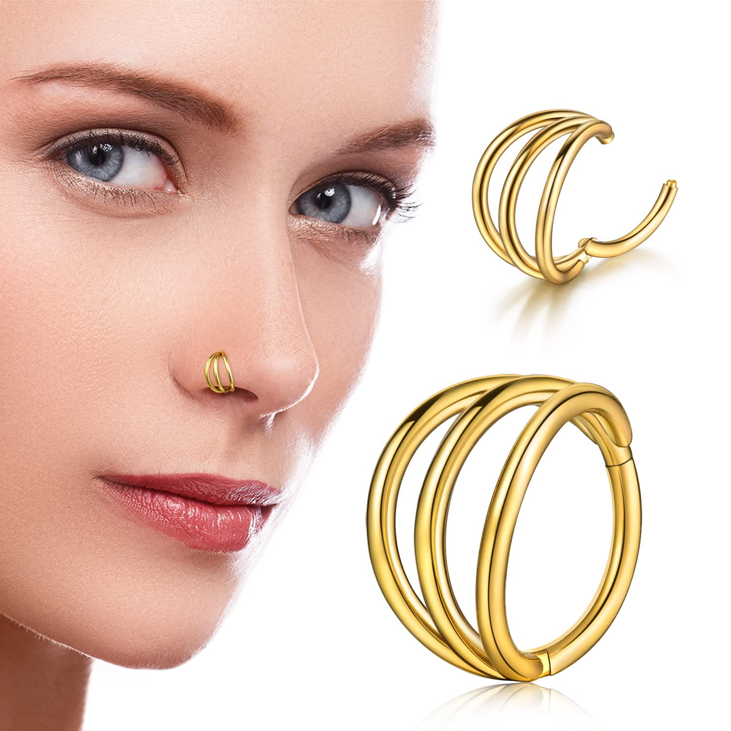 Gold Septum Clicker 16G Titanium Septum Ring Triple Gold Hoop Nose ...