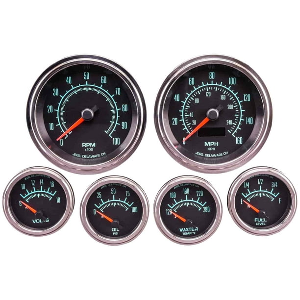 JEGS 41448 Retro Muscle Car 6-Gauge Set Black Analog Face Green Numbers ...
