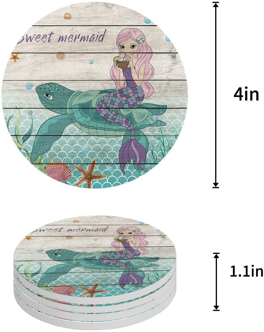 FMSHPON Mermaid Ocean Sea Turtle Set of 4 Round Coaster for Drinks ...