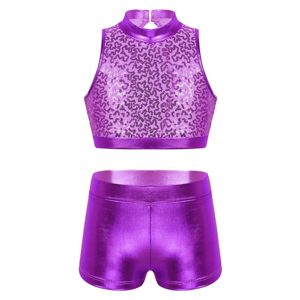 iEFiEL Girls Sparkly Sequins Ballet Dance Outfit Gymnastics Crop Top ...