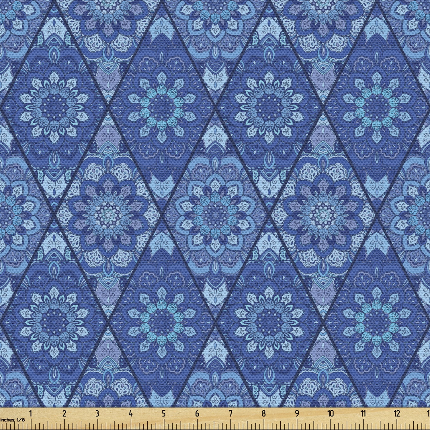 Blue Mandala Fabric by the Yard, Diamond Line Rhombus Pattern ...