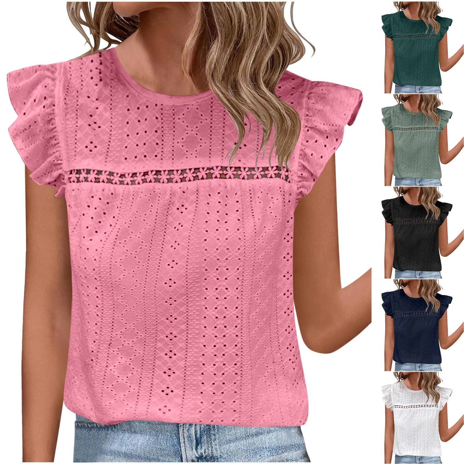 Qipopiq Womens Summer Eyelet Ruffle Sleeve Crewneck Tank Top Casual Short Sleeve Blouse T Shirts Clearance