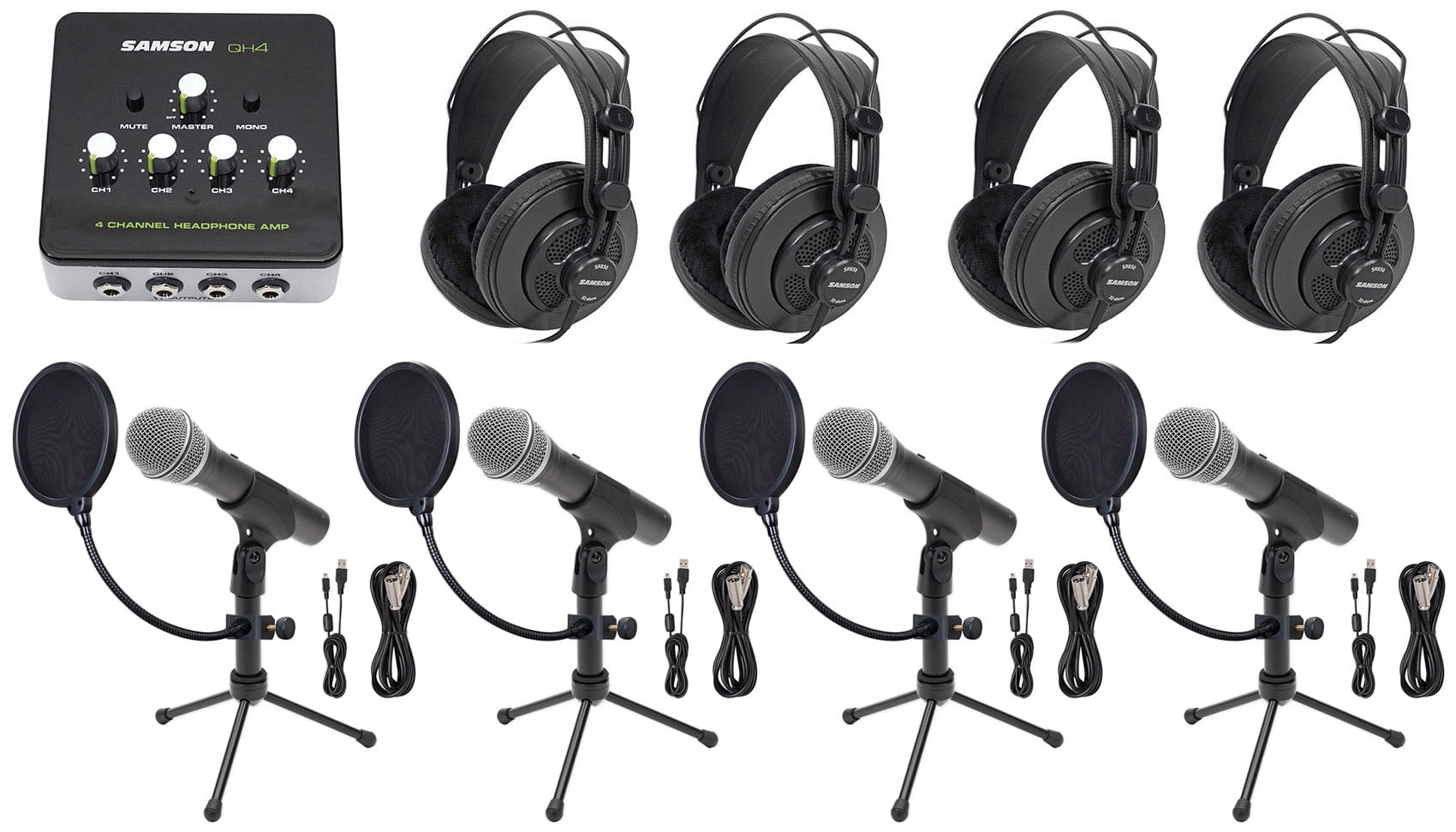 Samson Podcast Podcasting Bundle w/(4) Mics+(4) Stands+(4) Headphones ...
