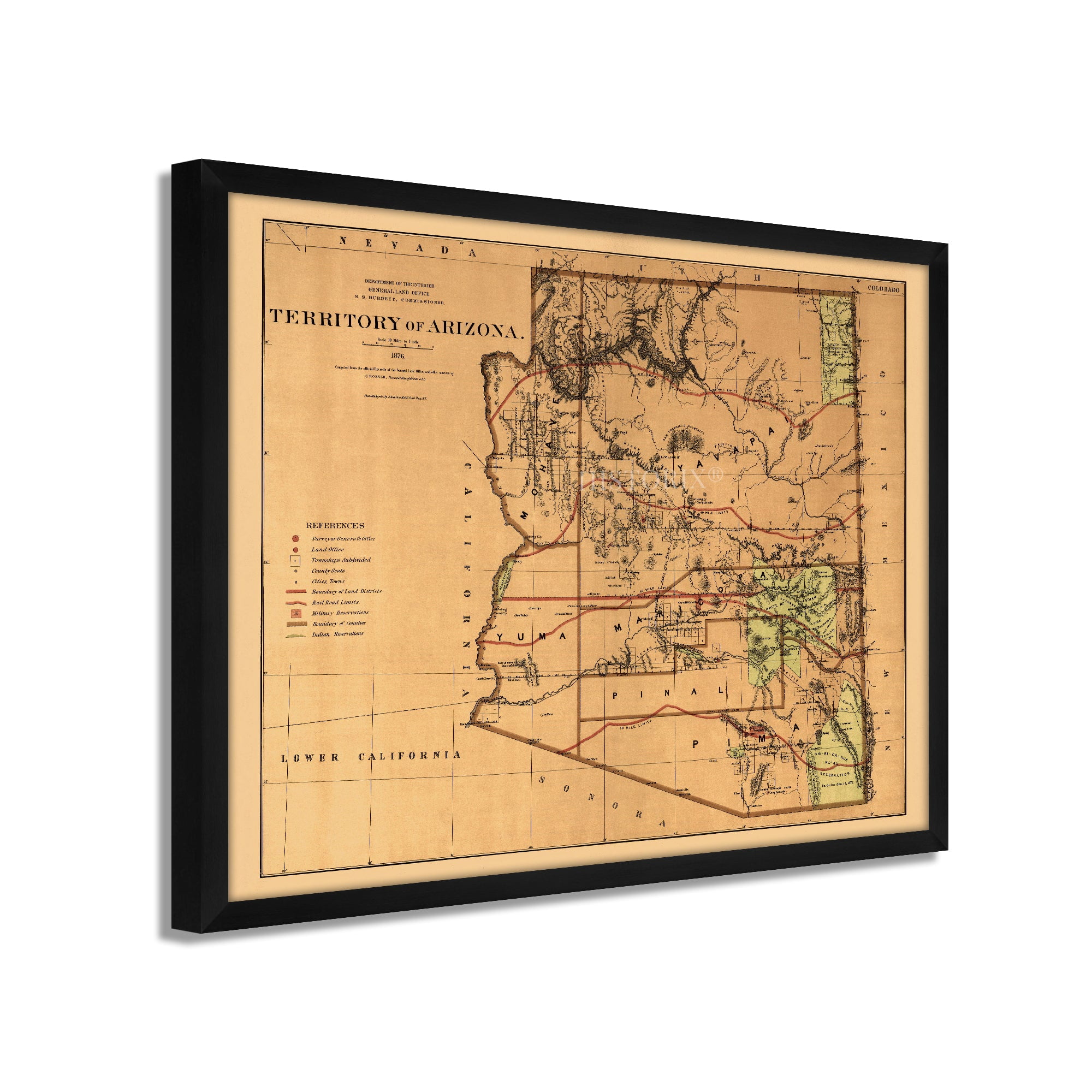 1876 Arizona Map - Framed Vintage Arizona Map Art - History Map of ...