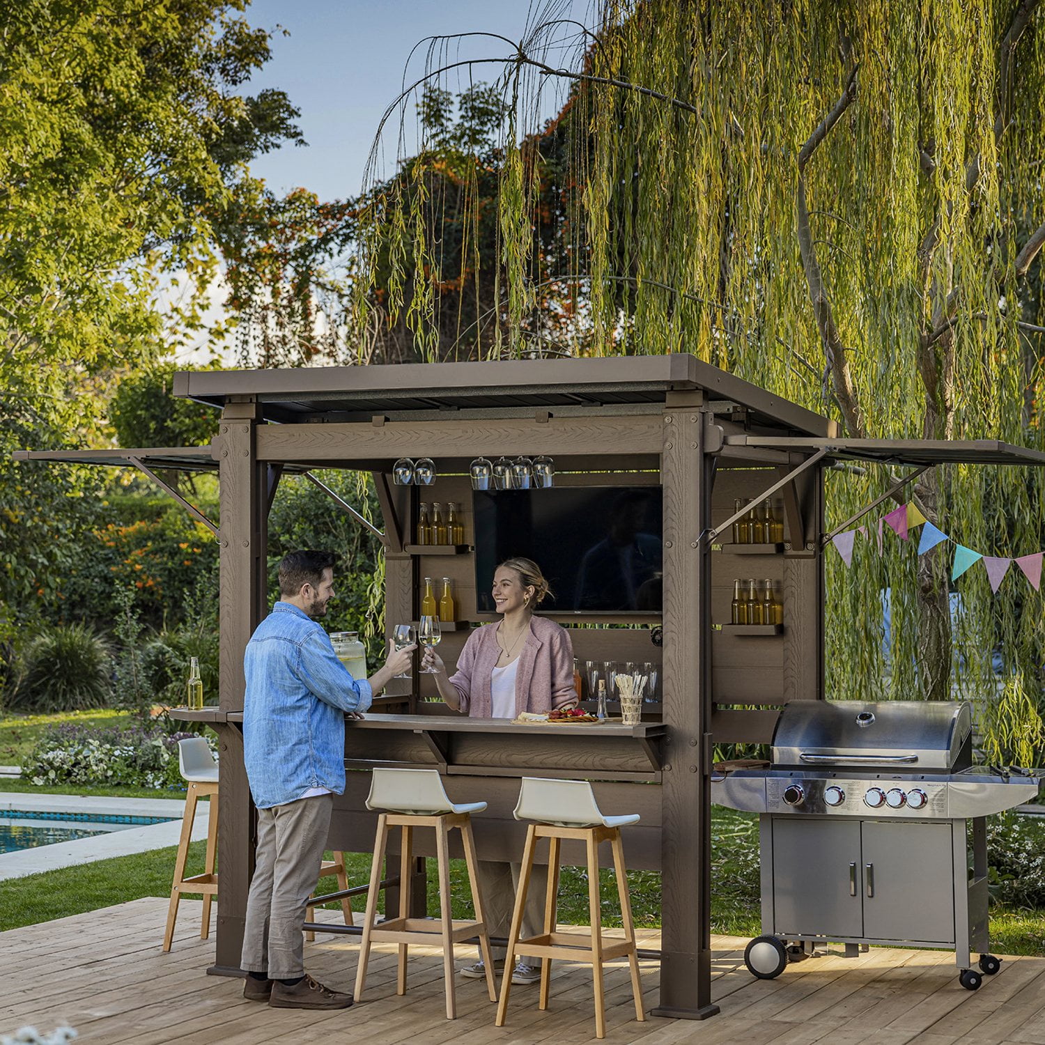 Keter 11' x 7' Signature Collection Resin Outdoor Bar Pine Gazebo with ...