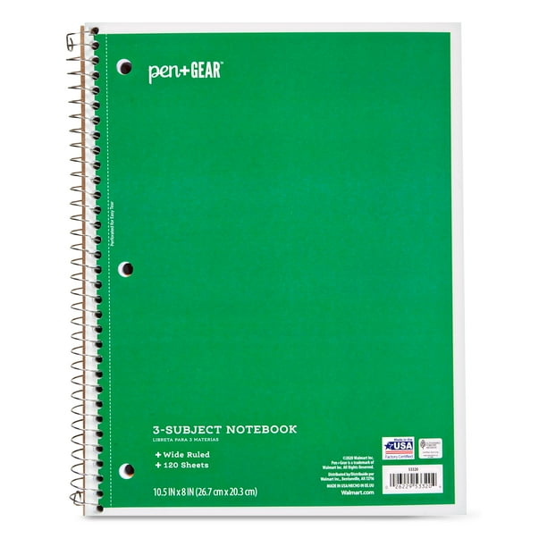 Pen+Gear Wide Ruled 3-Subject Spiral Notebook, Green, 10.5" x 8", 120 ...