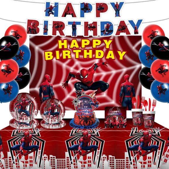 Spiderman Birthday Supplies Kit for 16 Guests | Decor, Balloons, Plates ...