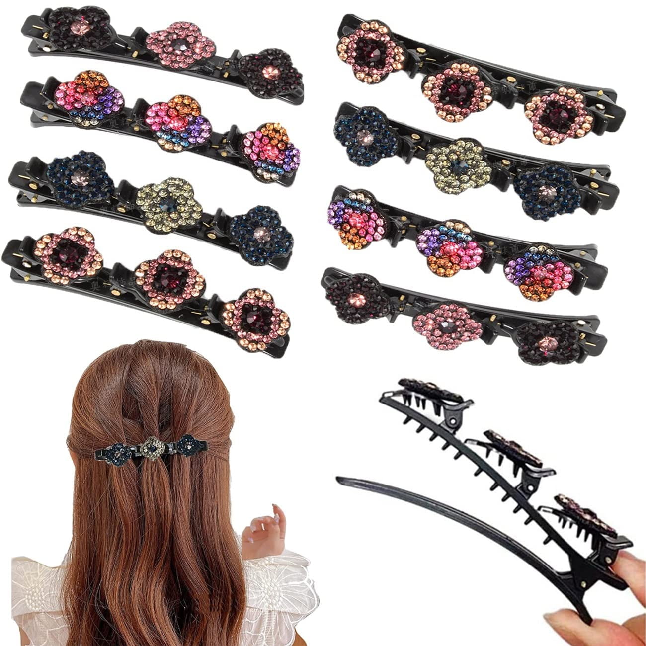 8 PCS Four-Leaf Hair Bands, Sparkling Crystal Stone Braided Hair Clips ...