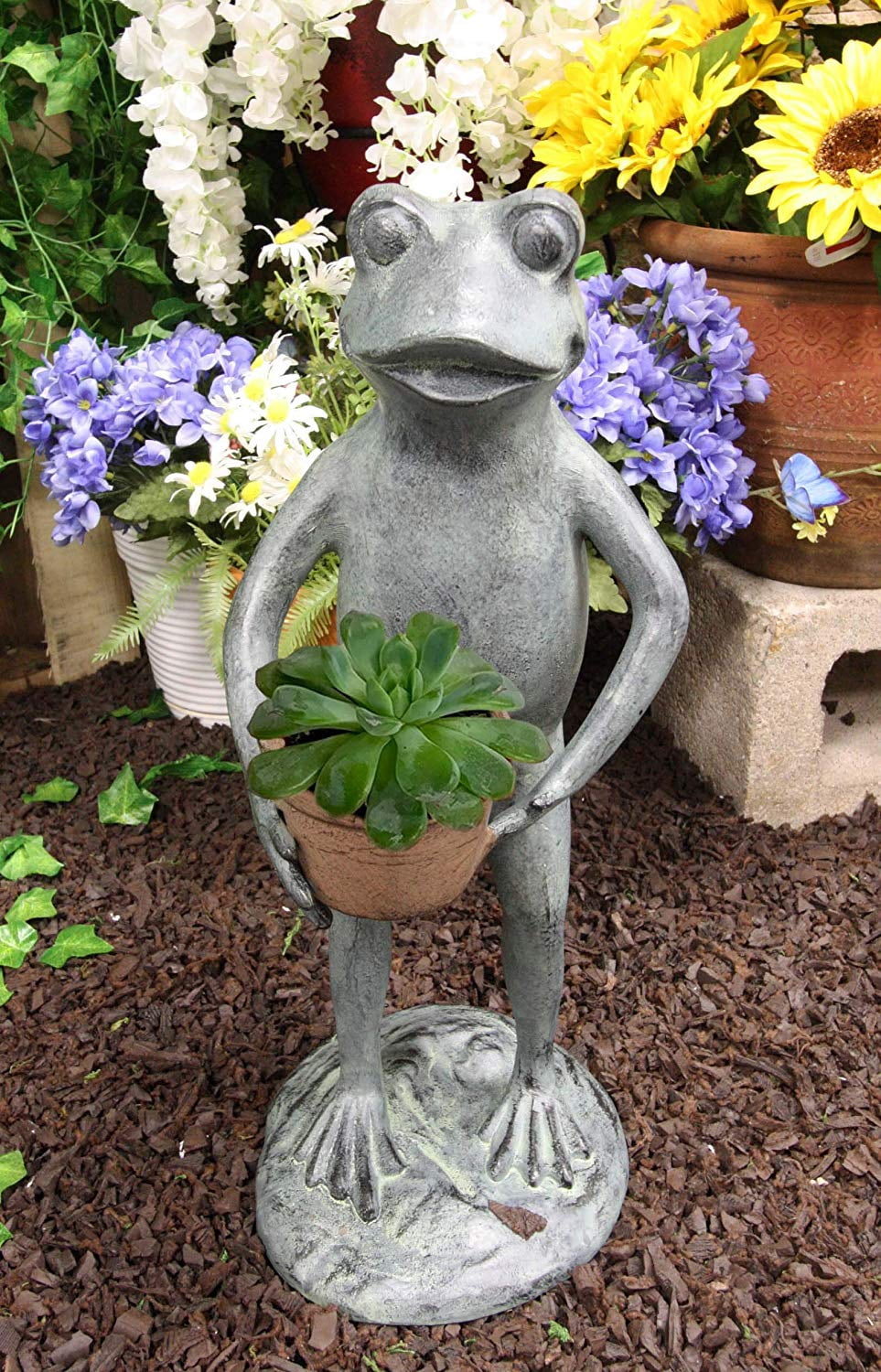 19"H Aluminum Green Thumb Whimsical Gardening Frog Carrying A Planter ...