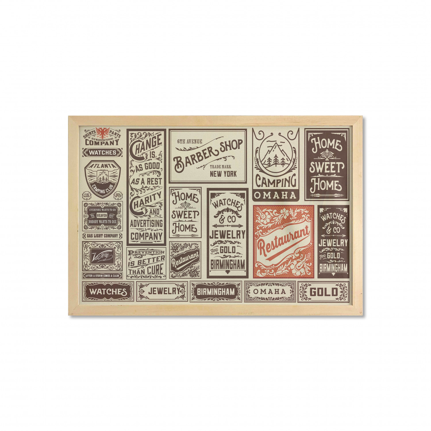 Antique Wall Art with Frame, Composition of Old Advertisement Designs ...